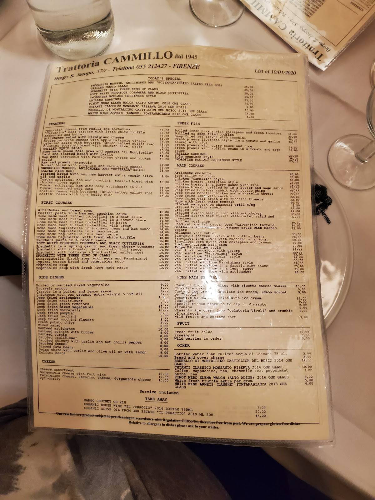 Menu at Trattoria Cammillo restaurant, Florence