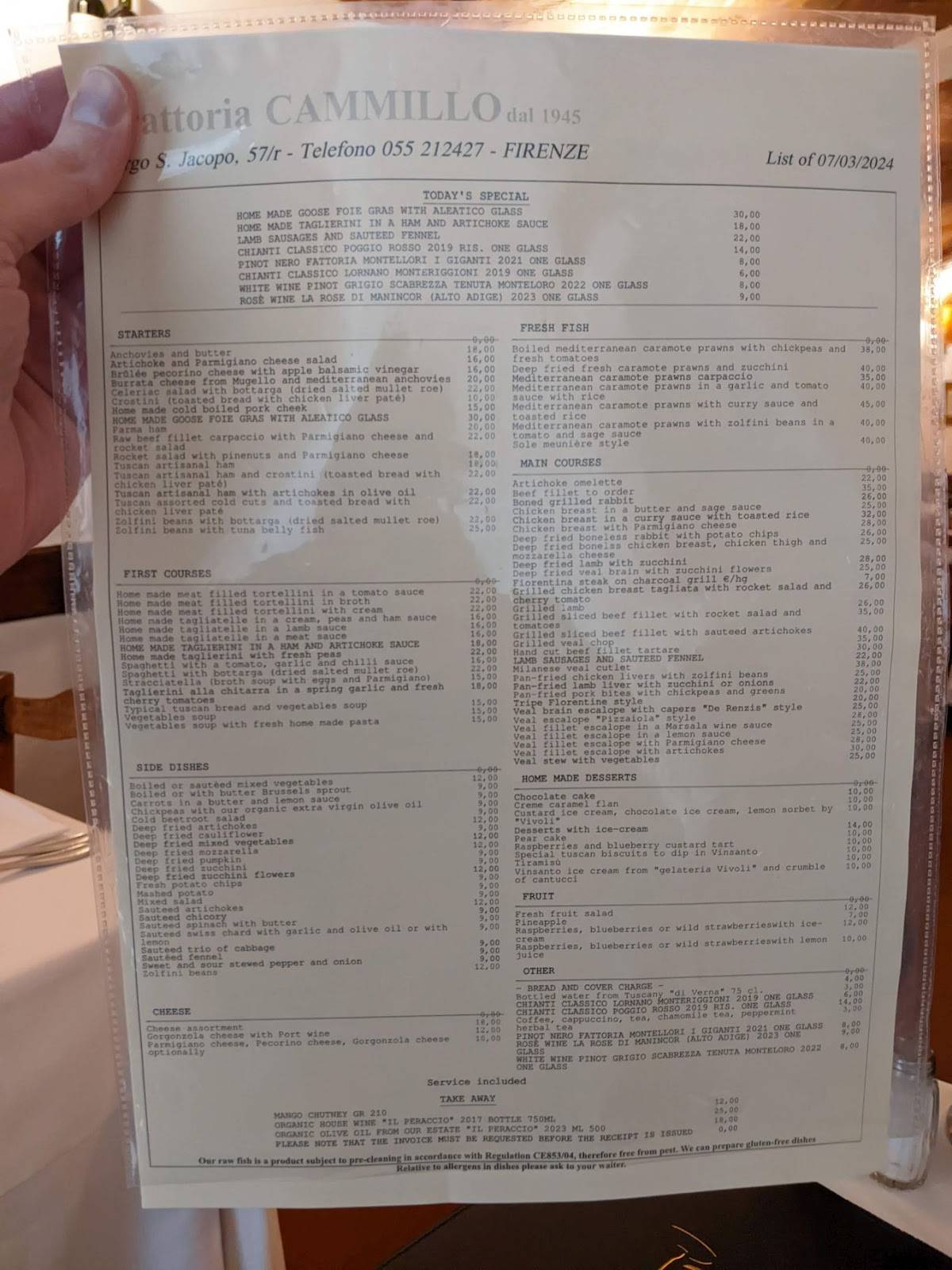Menu at Trattoria Cammillo restaurant, Florence