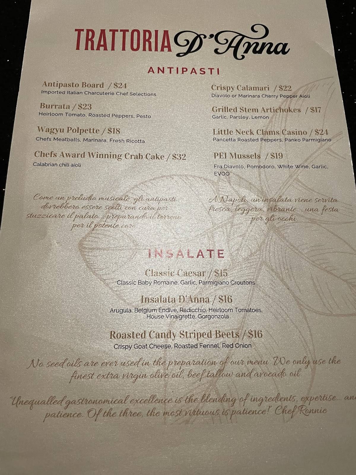 Menu at Trattoria D'Anna restaurant, Dunedin