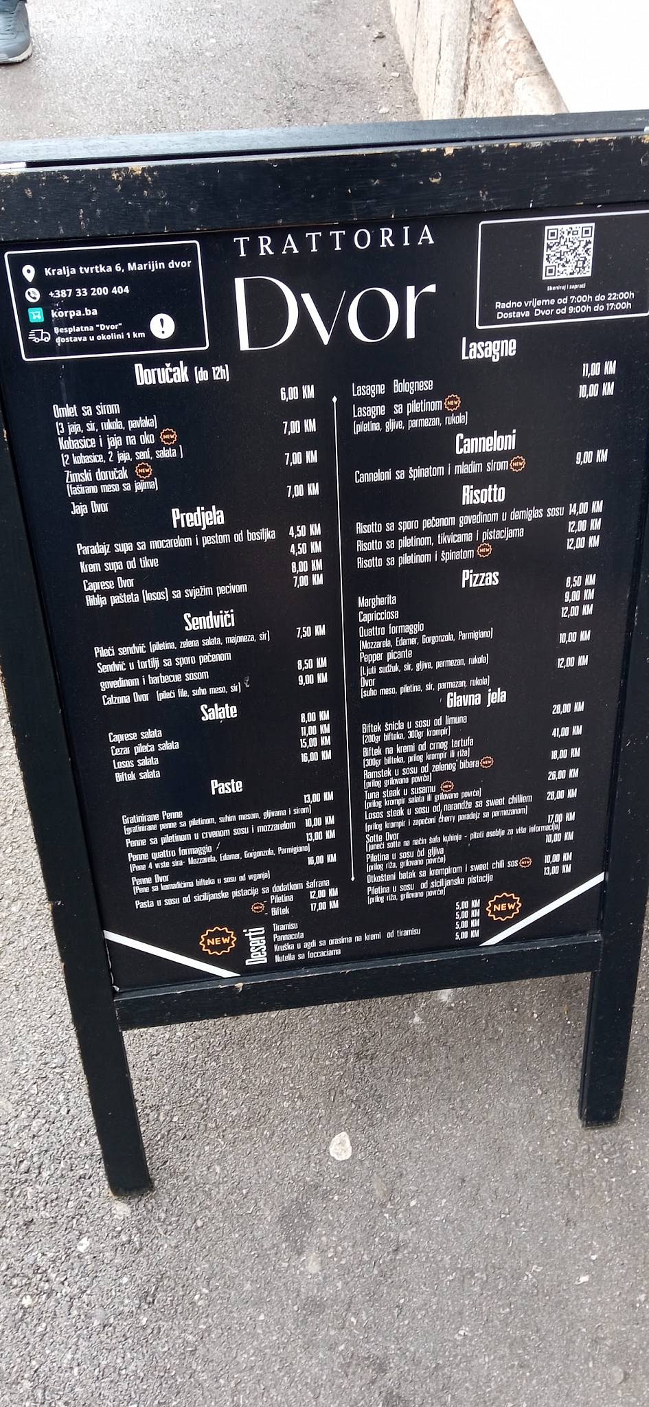Menu at Trattoria Dvor restaurant, Sarajevo
