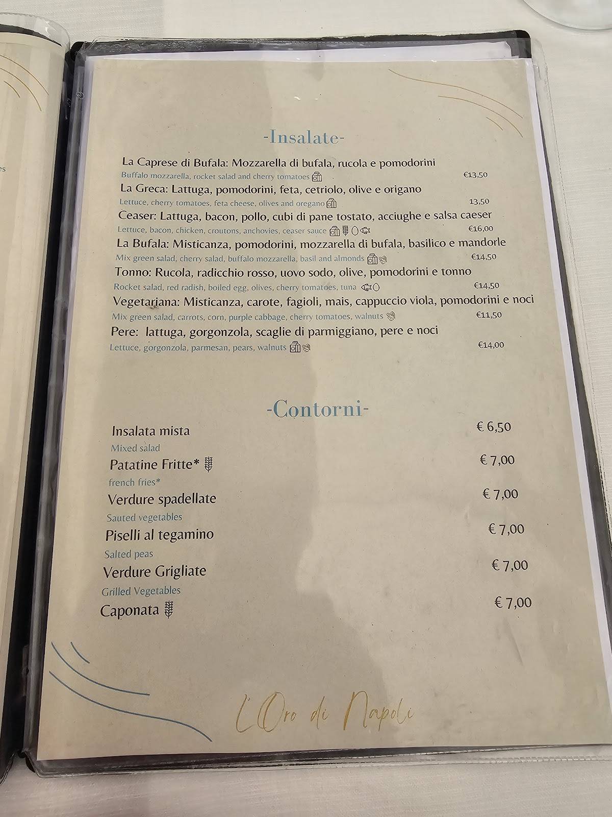 Carta de Trattoria Pizzeria L'Oro di Napoli, Sistiana