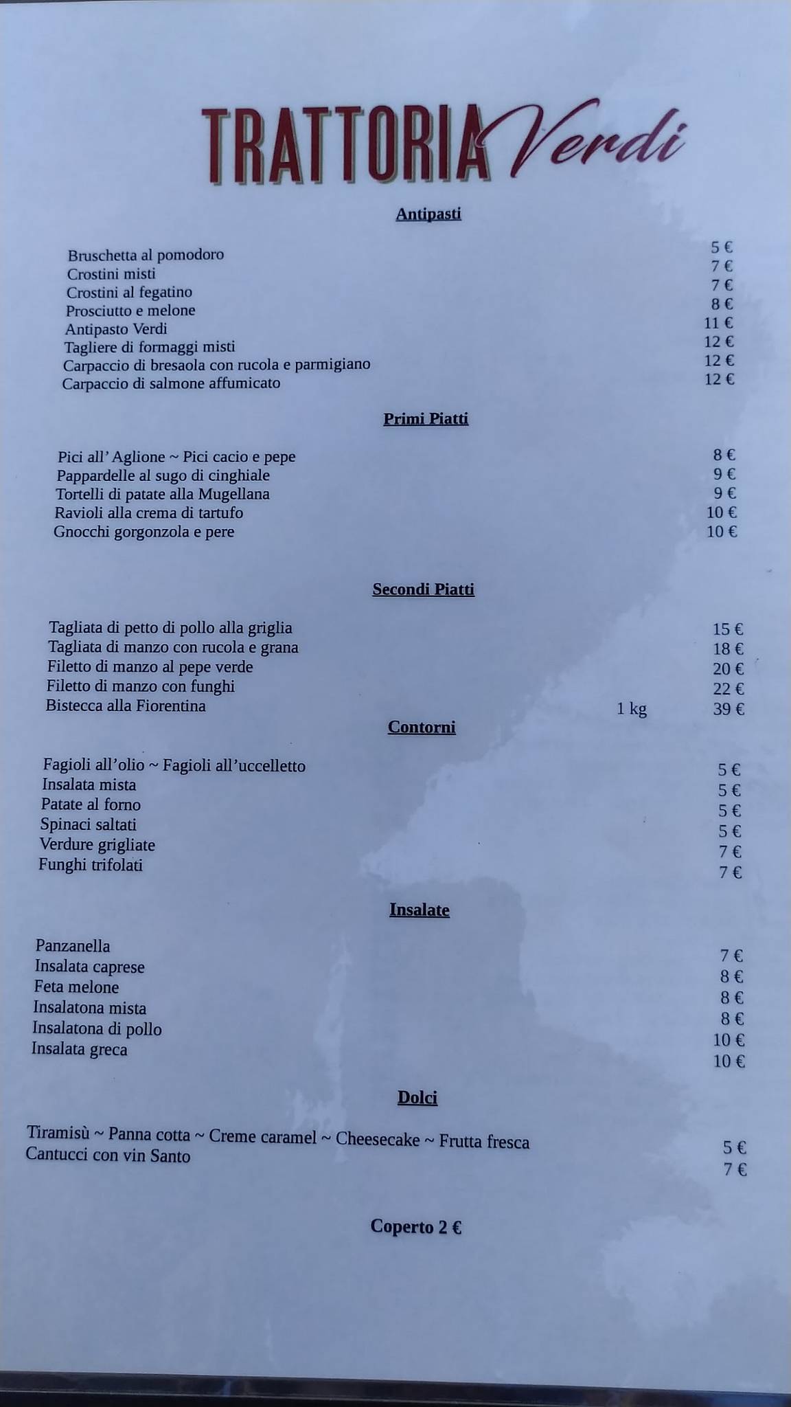 Menu at Trattoria Verdi Firenze pub & bar, Florence