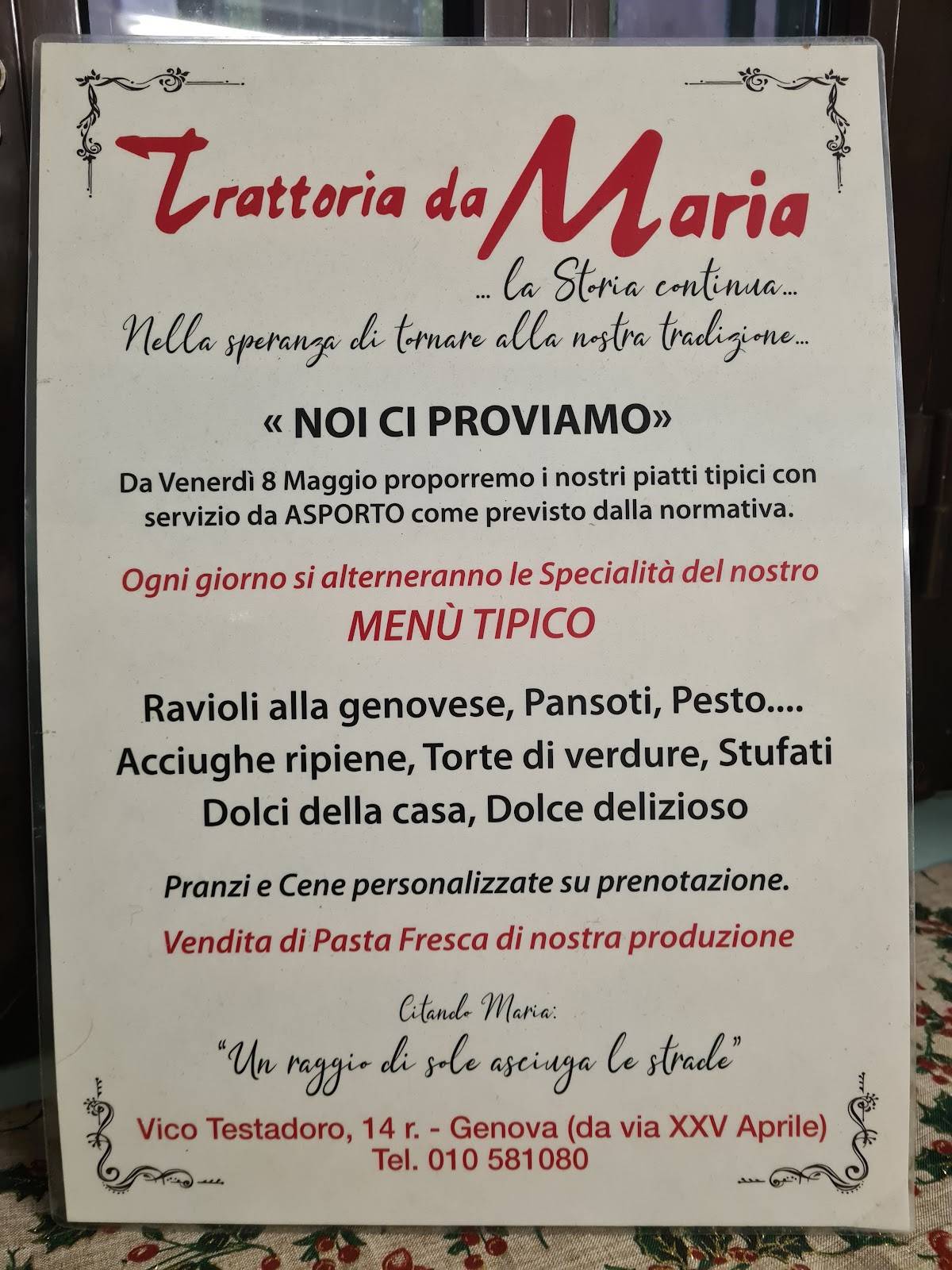 Carta del restaurante Trattoria da Maria, Génova