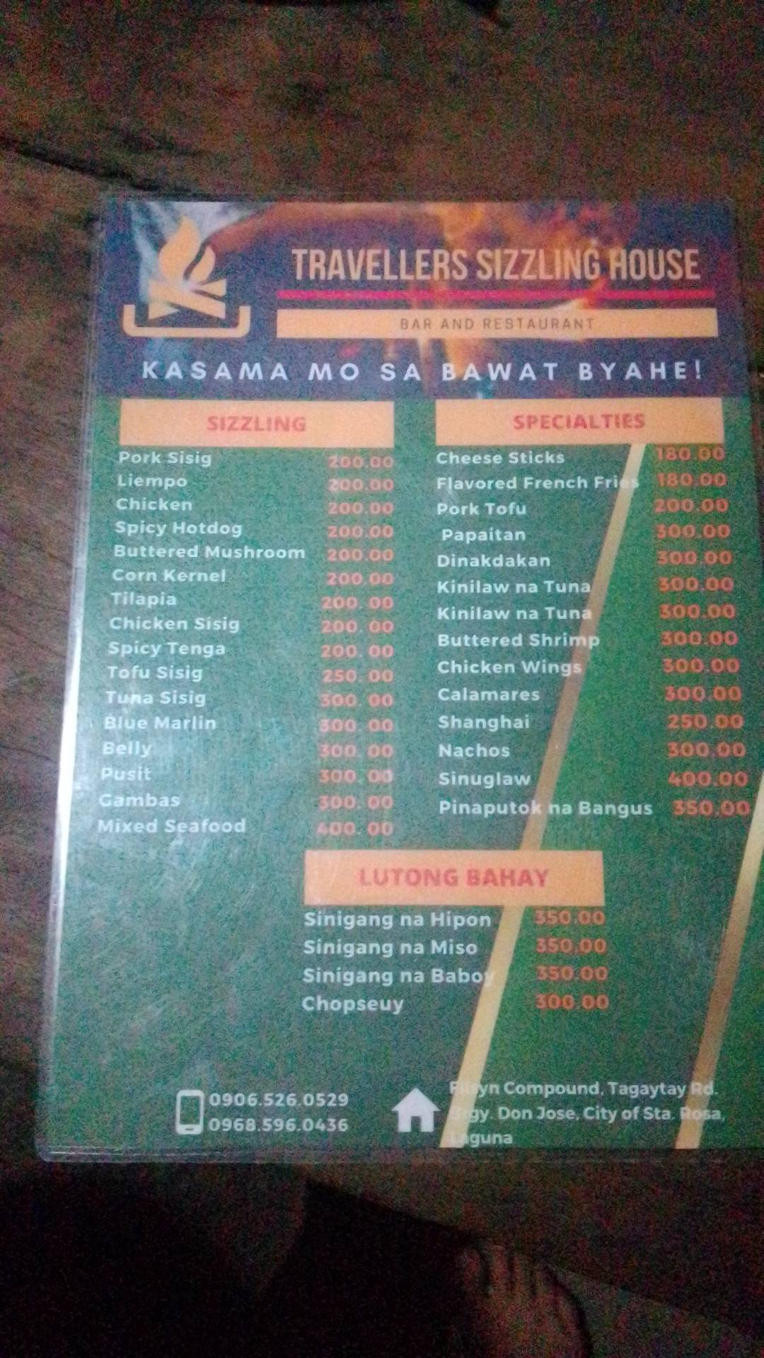 Menu at Traveller's Sizzling House restaurant, Santa Rosa