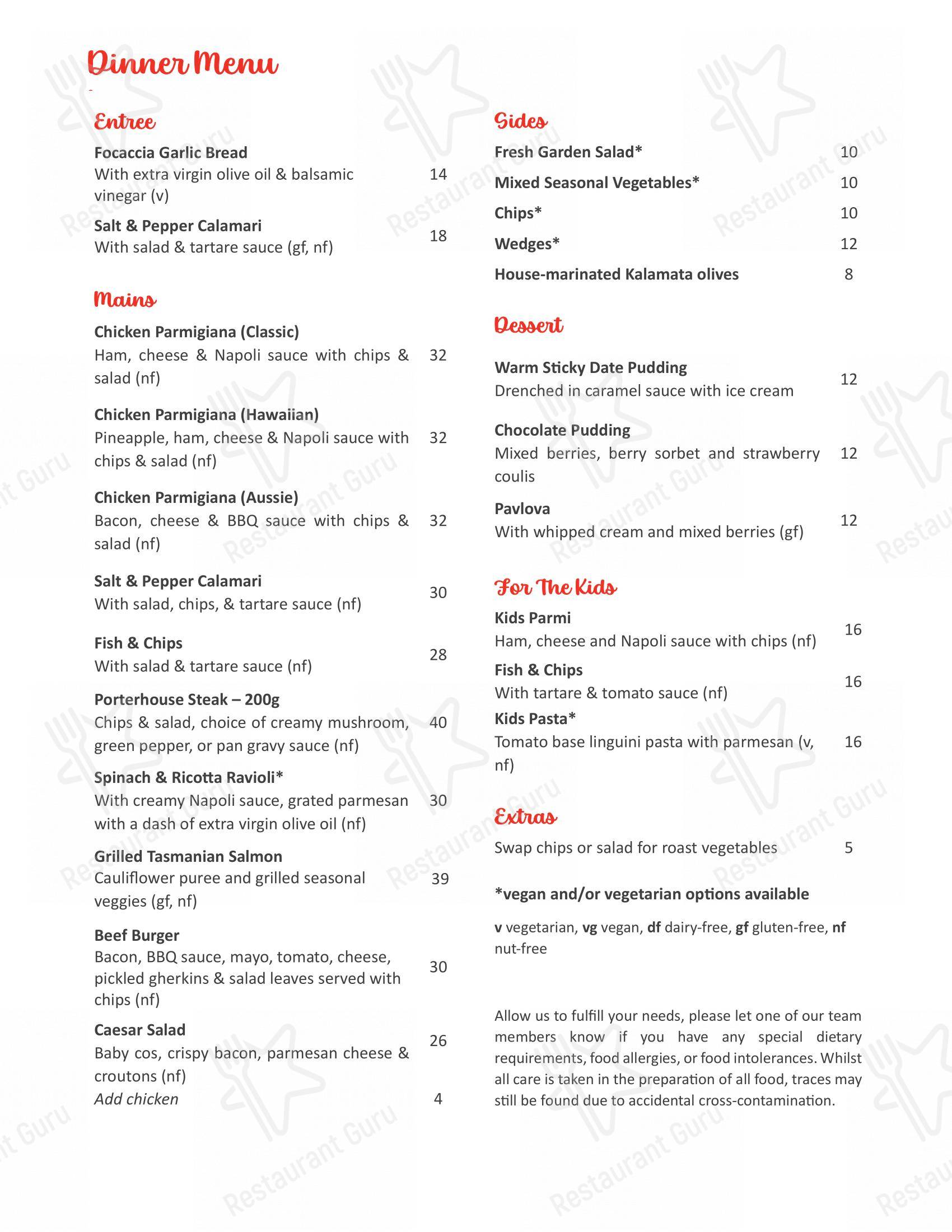 Menu at Travelodge Hotel Hobart Airport, Cambridge