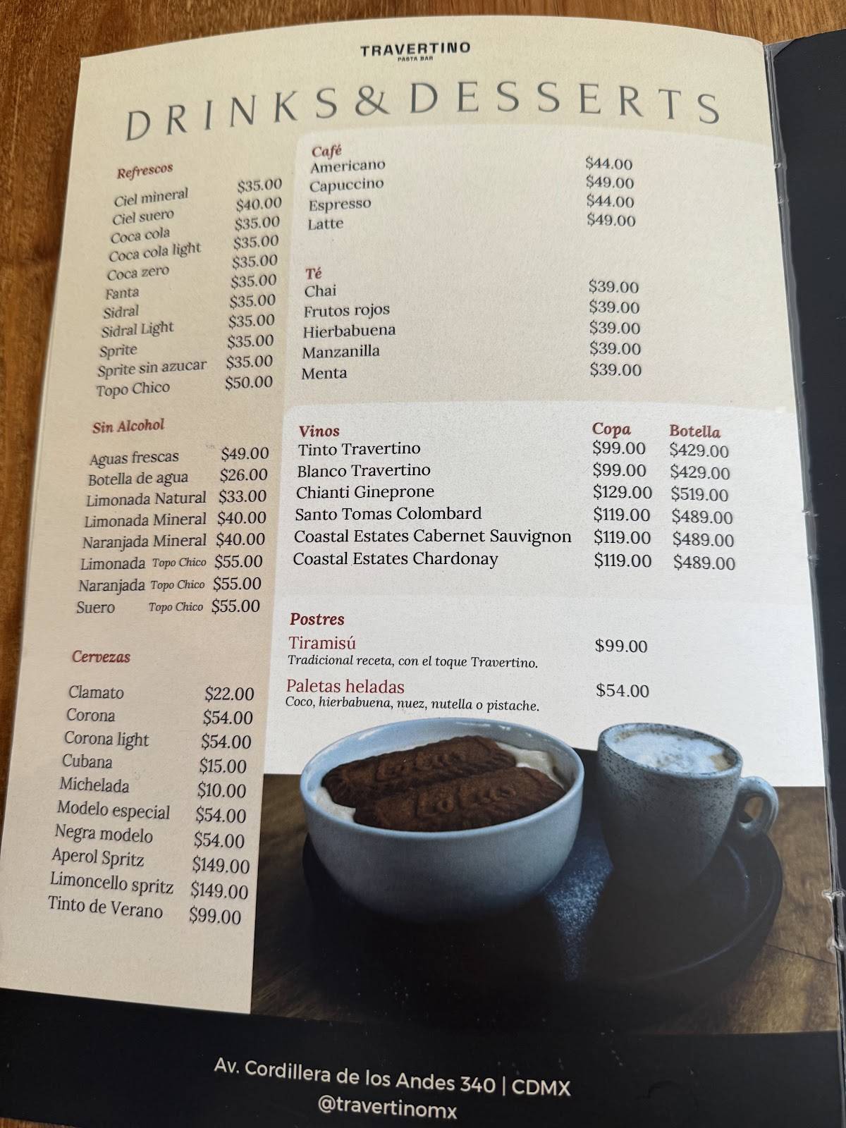 Carta del restaurante Travertino, Ciudad del México