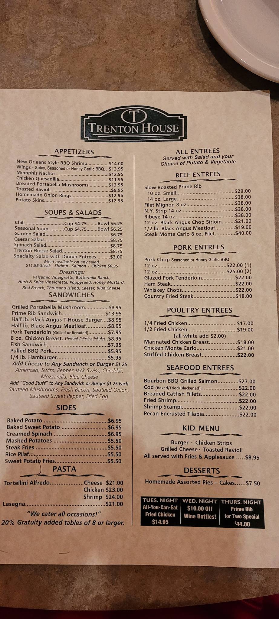 Carta del restaurante Trenton House, Trenton