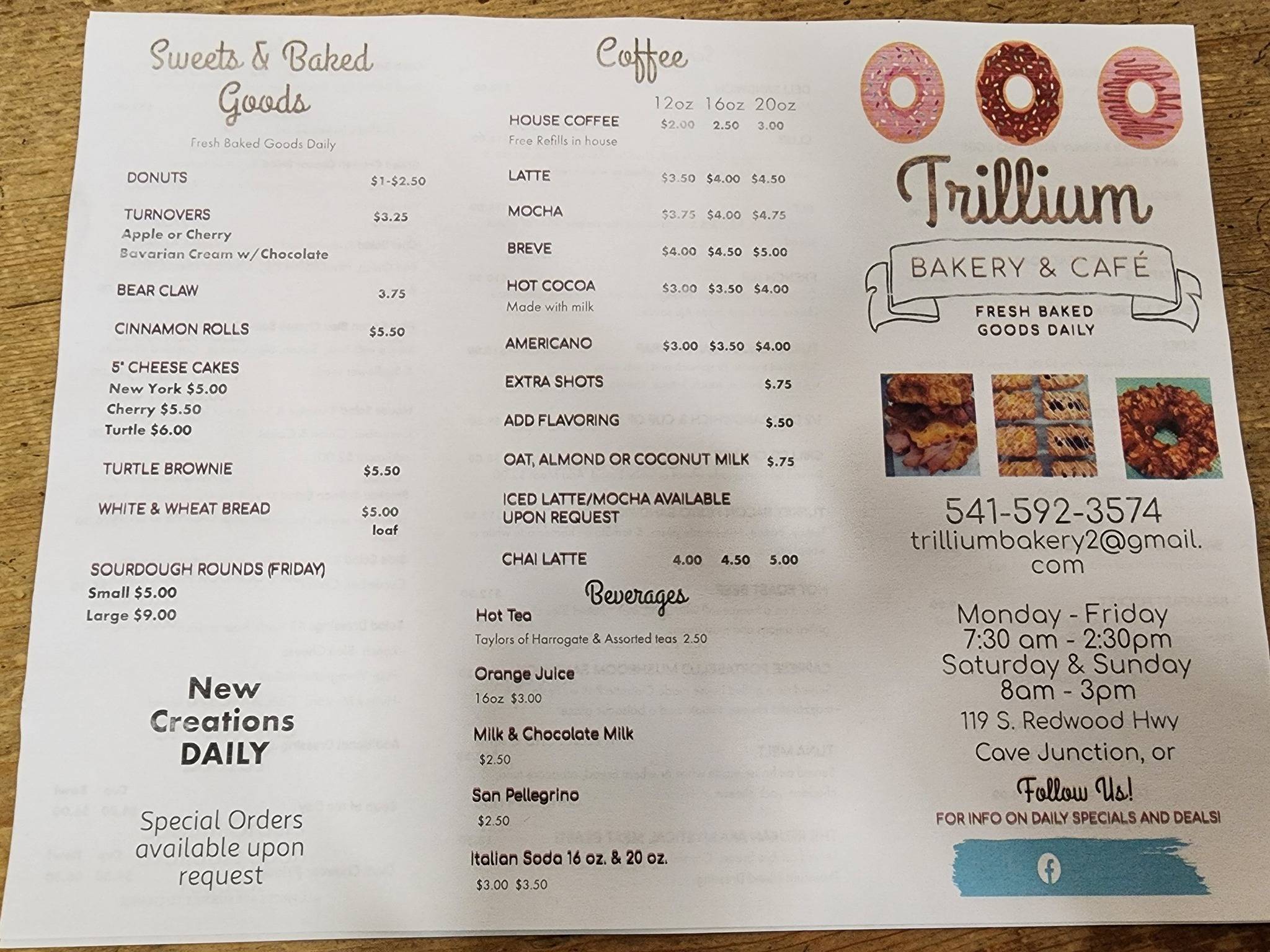 Menu at Trillium Bakery, Cave Junction