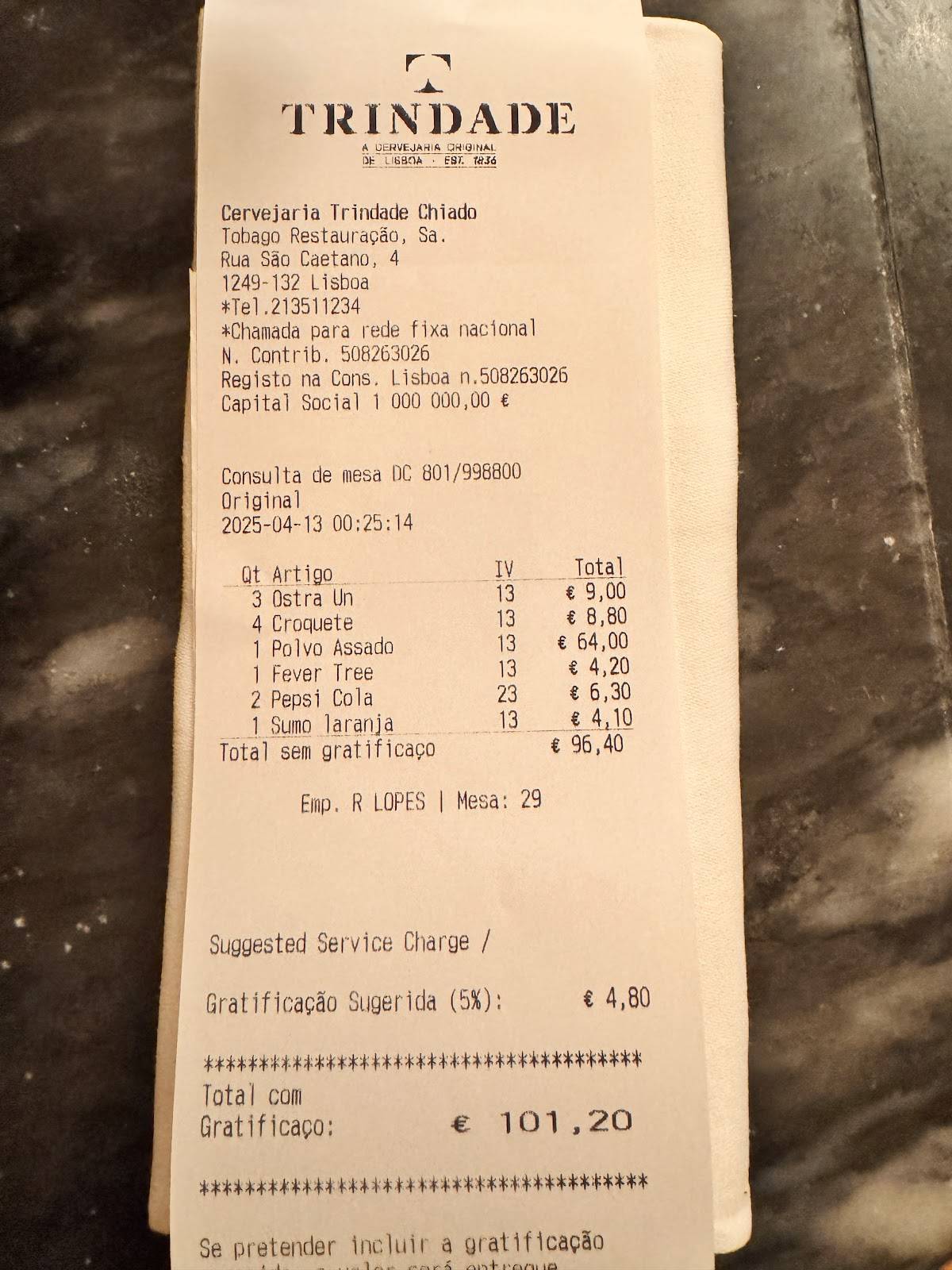 Carta del restaurante Trindade, Lisboa, R. Nova da Trindade 20C