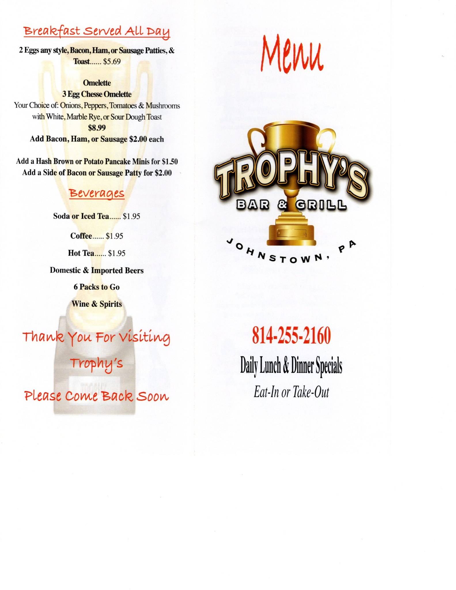 Menu at Trophy's Bar And Grill, Johnstown