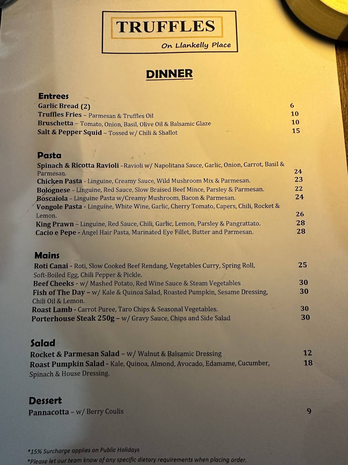 Menu at Truffles cafe, Potts Point