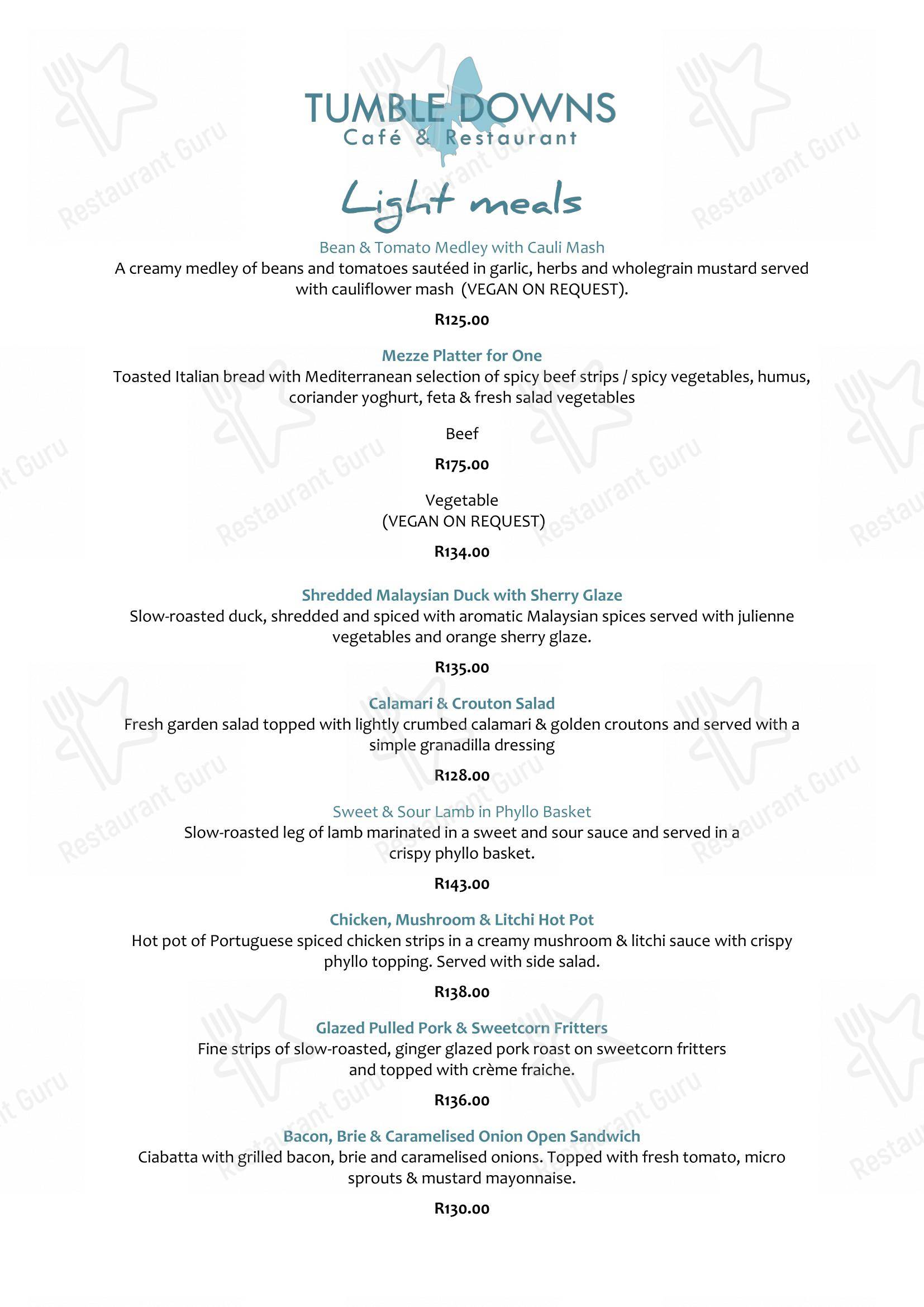 Menu at Tumble Downs restaurant, Howick