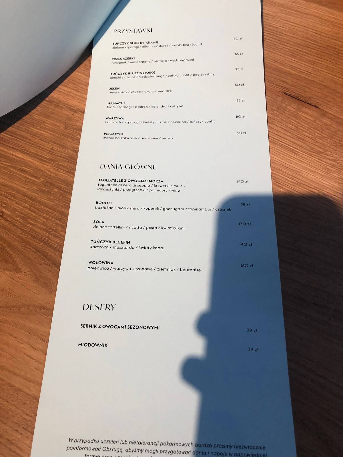 Menu at Tuna by Martin Gimenez Castro restaurant, Warsaw