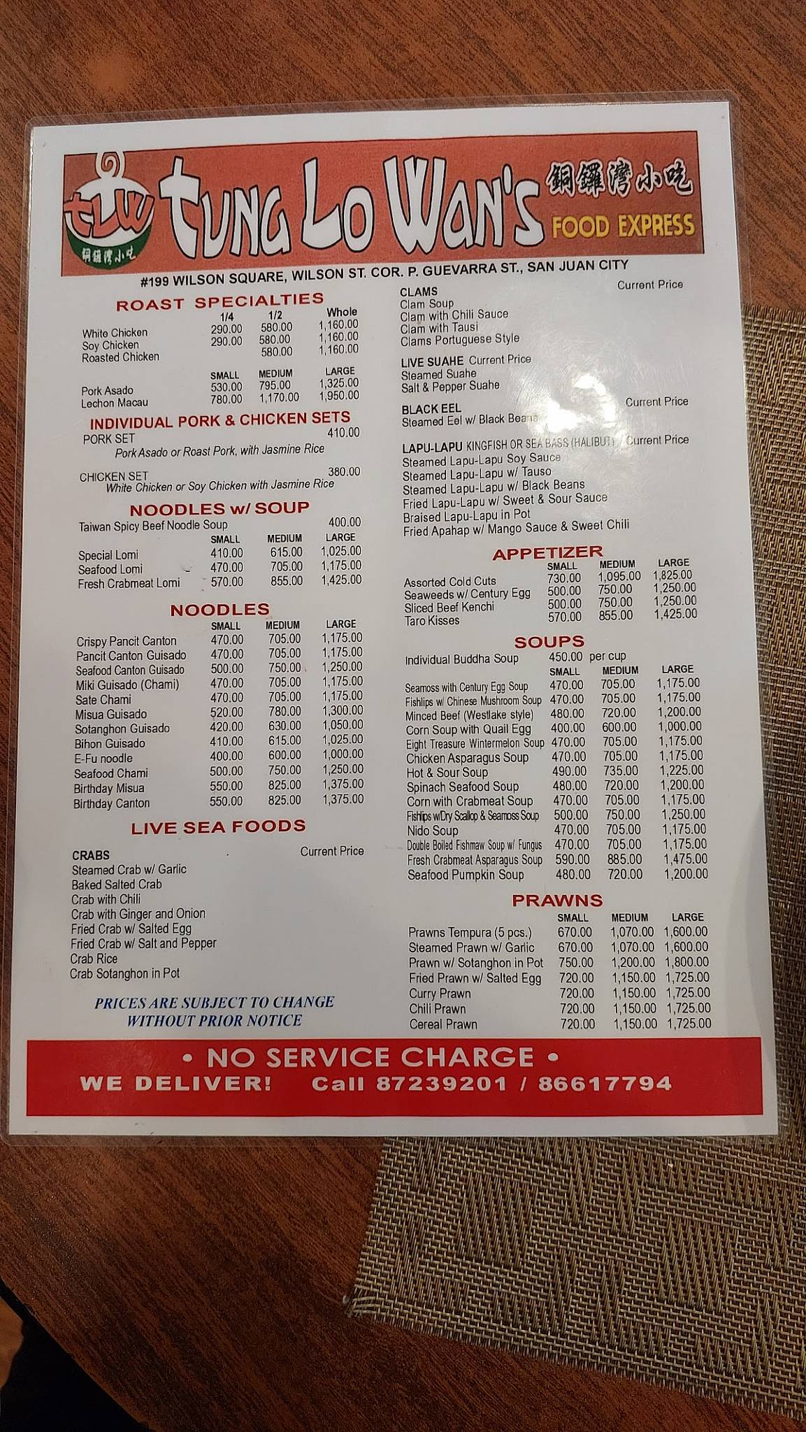 Menu at Tung Lo Wan's restaurant, San Juan