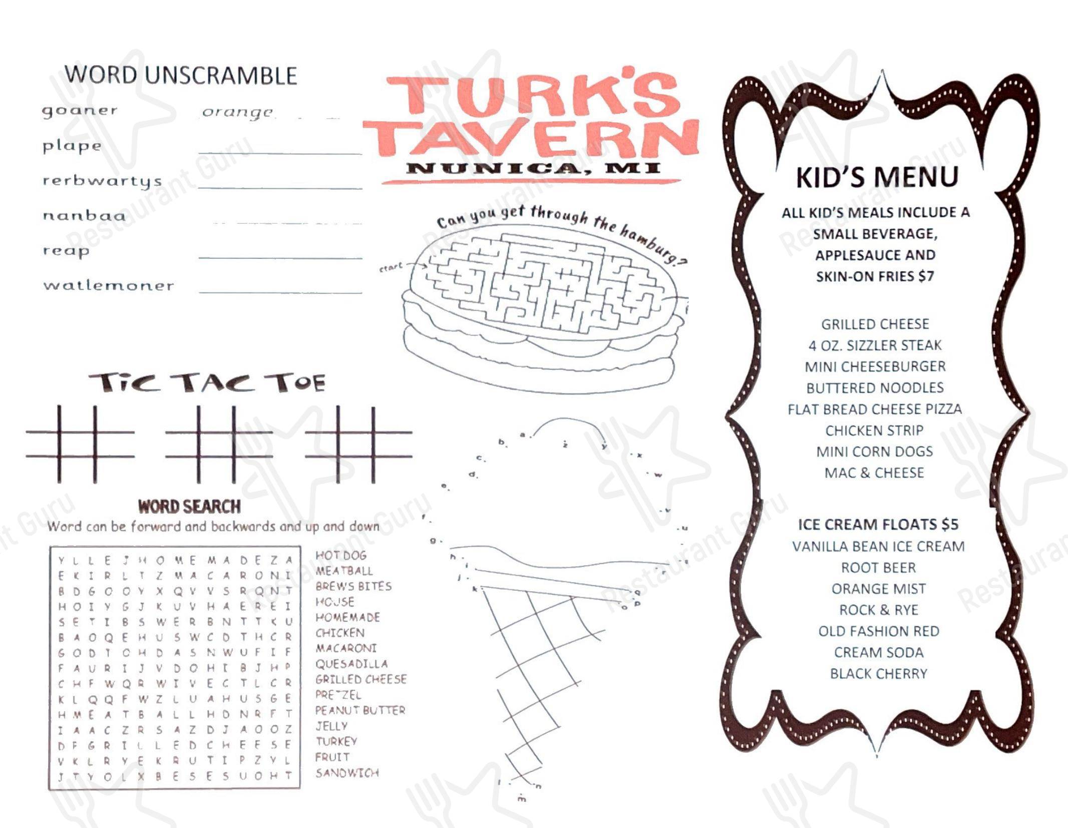 Menu at Turk's Tavern restaurant, Nunica