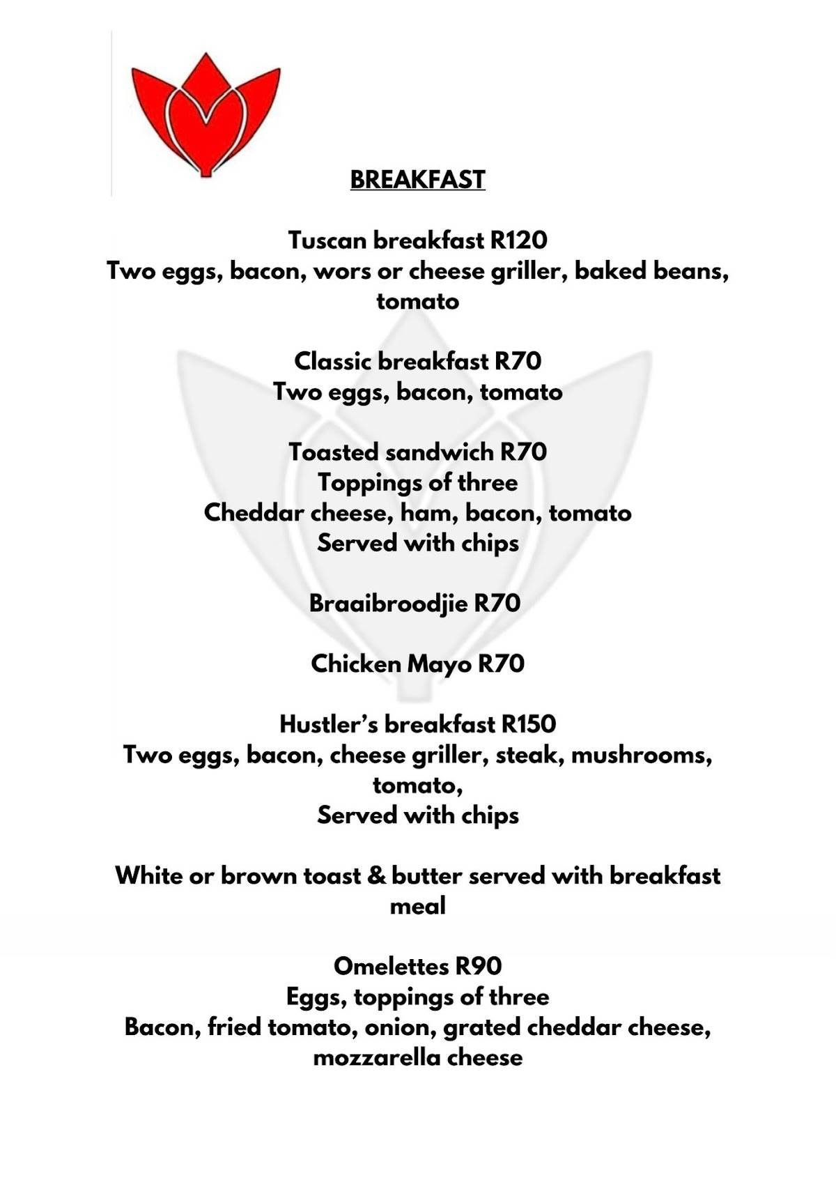 Menu at Tuscan Place Restaurant, Polokwane