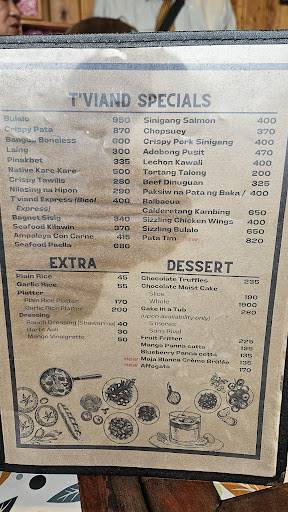 Menu at T'viand Specials Bulalo On The Hill restaurant, Tagaytay