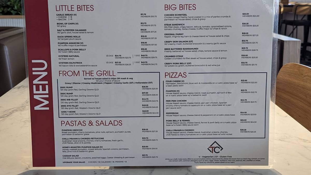 Menu at Twin City Hotel pub & bar, Thuringowa Central