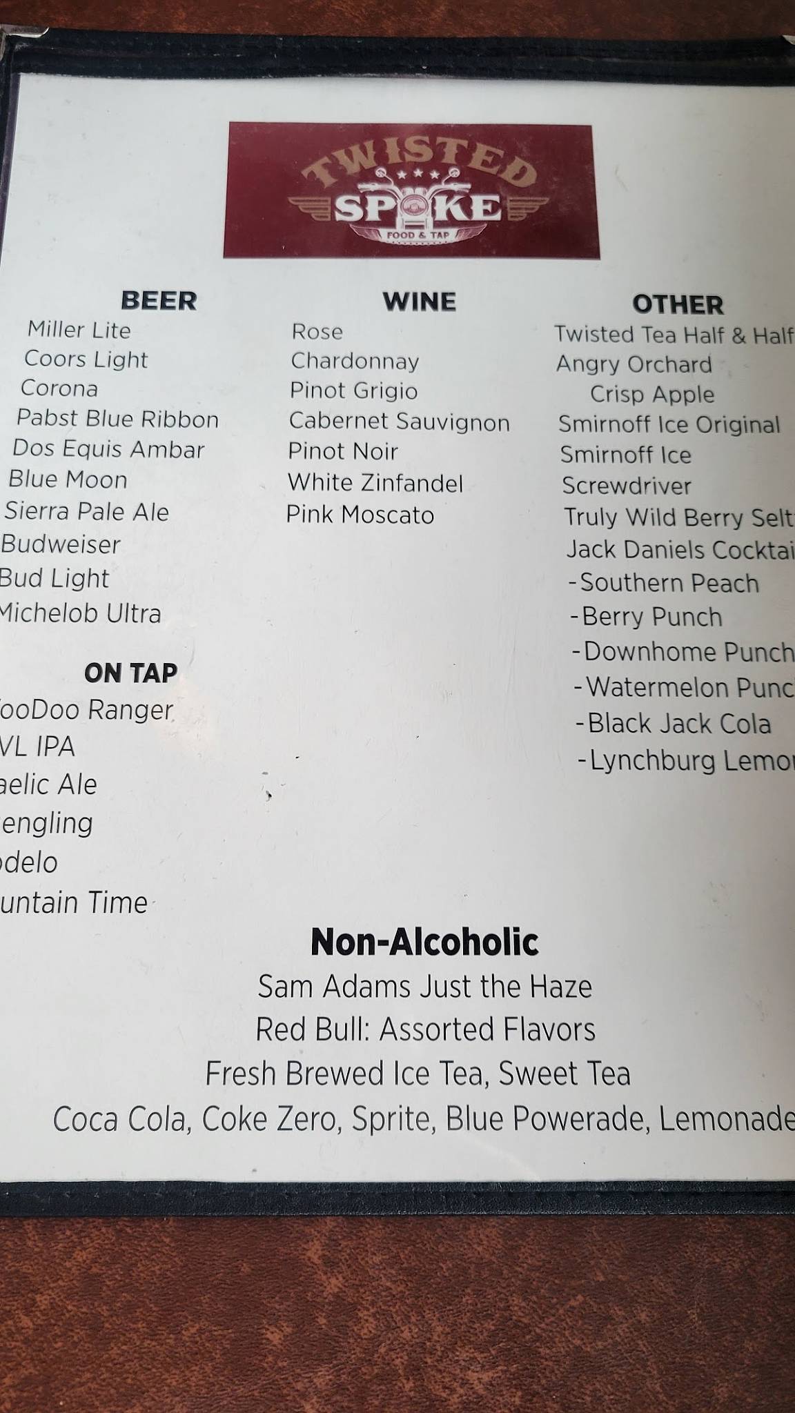 Menu at Twisted Spoke BBQ, Maggie Valley
