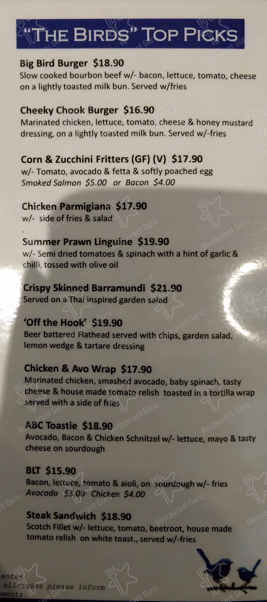 Menu at Two Birds Prospect cafe, Prospect