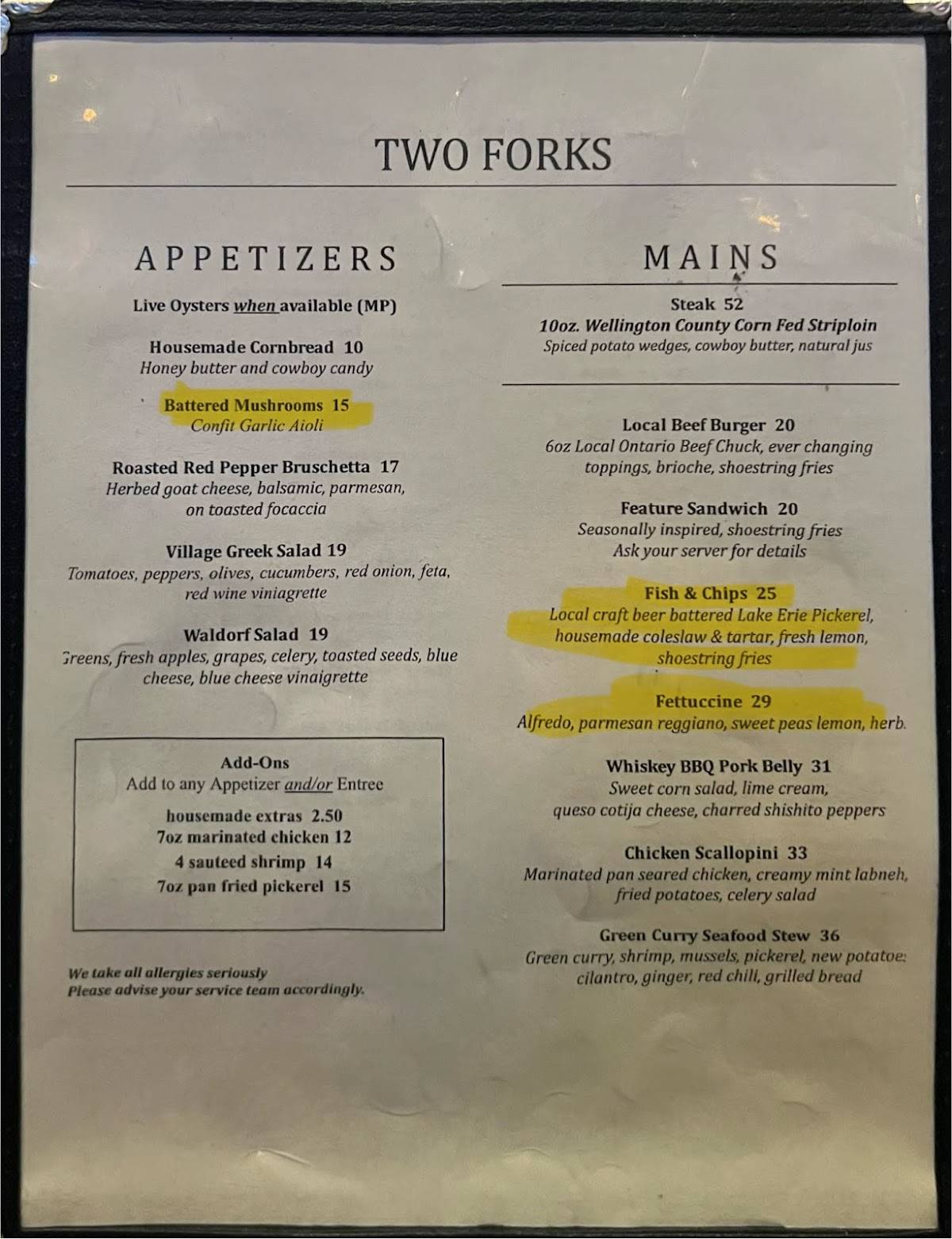 Menu at Two Forks pub & bar, Port Stanley
