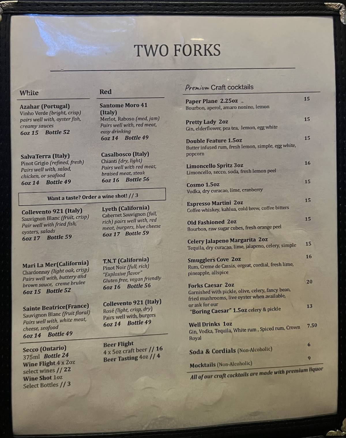 Menu at Two Forks pub & bar, Port Stanley