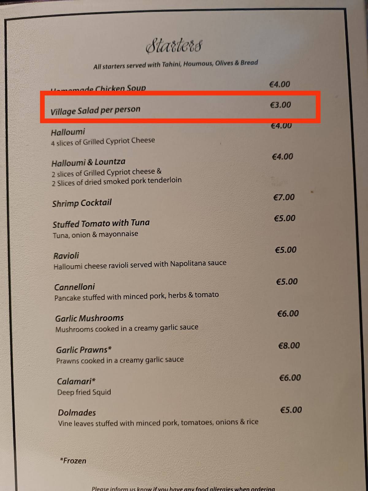 Menu at Two Friends Tavern, Pissouri, MPC3+R78