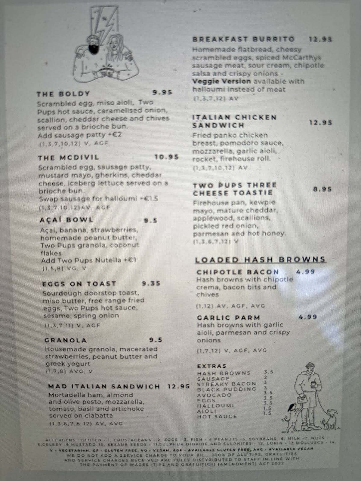 Menu at Two Pups Fairview cafe, Dublin