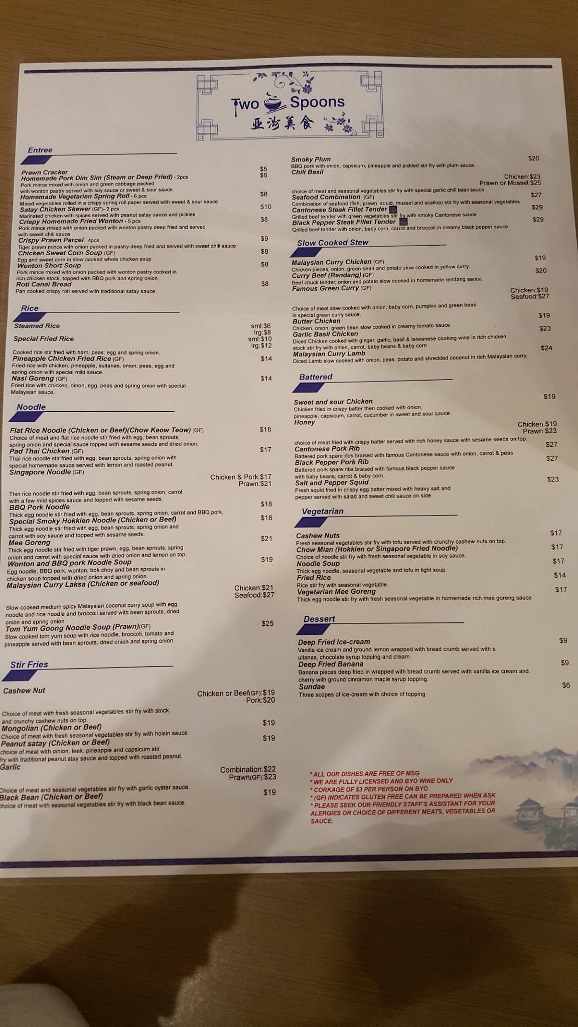 Menu at Two Spoons restaurant, Bairnsdale