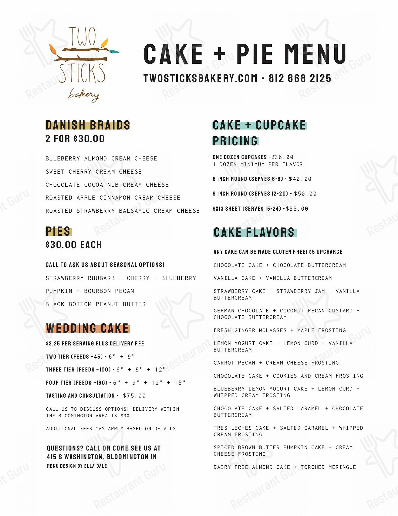 Menu at Two Sticks Bakery, Bloomington