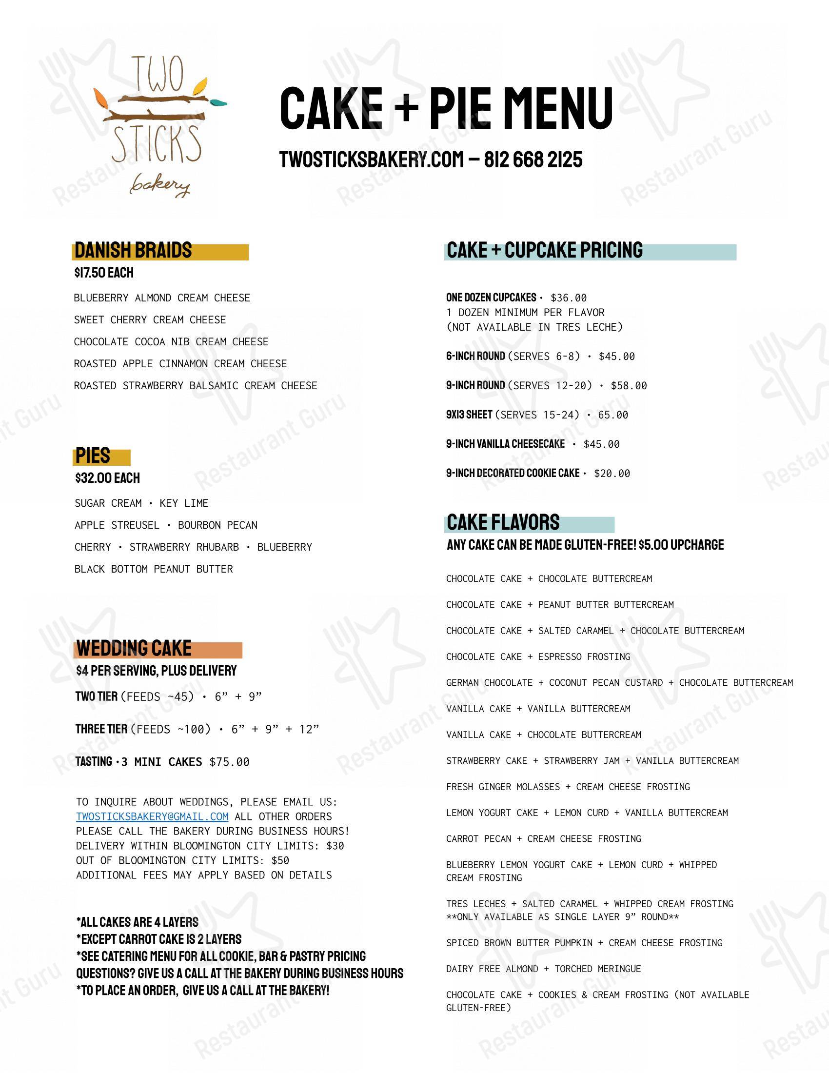 Menu at Two Sticks Bakery, Bloomington