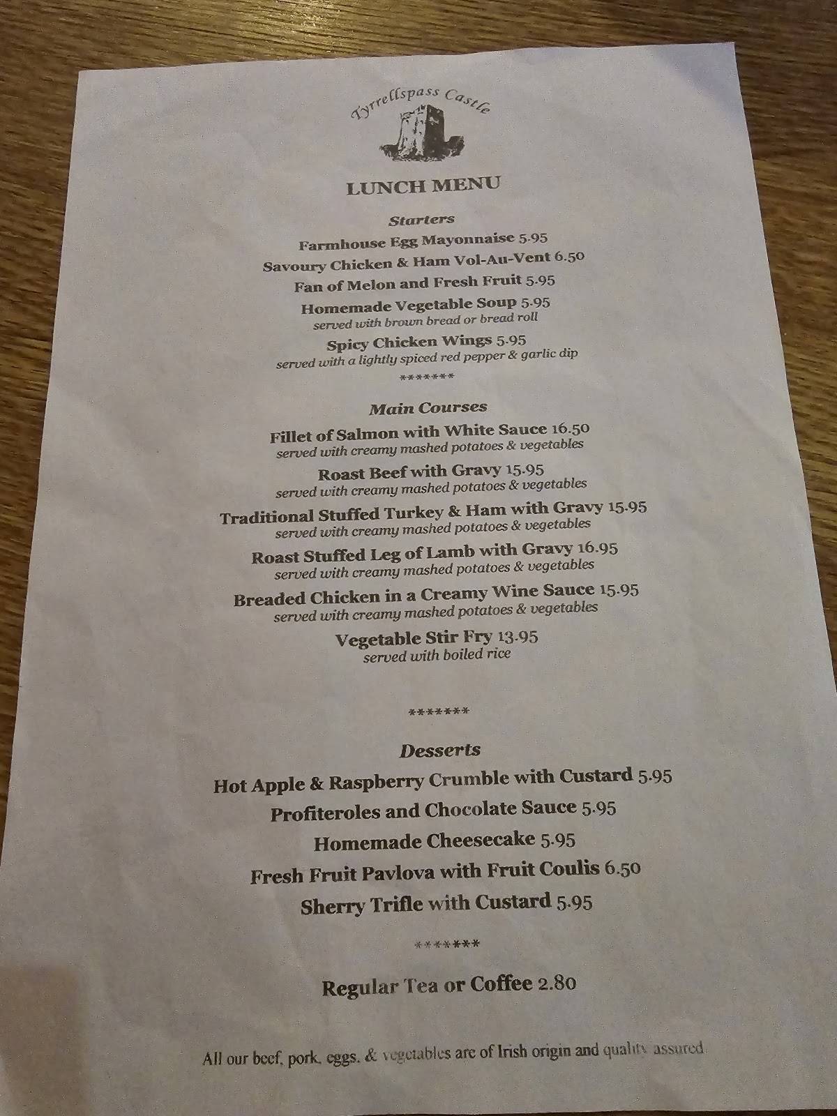 Menu at Tyrrellspass Castle restaurant, Tyrrellspass, Main St