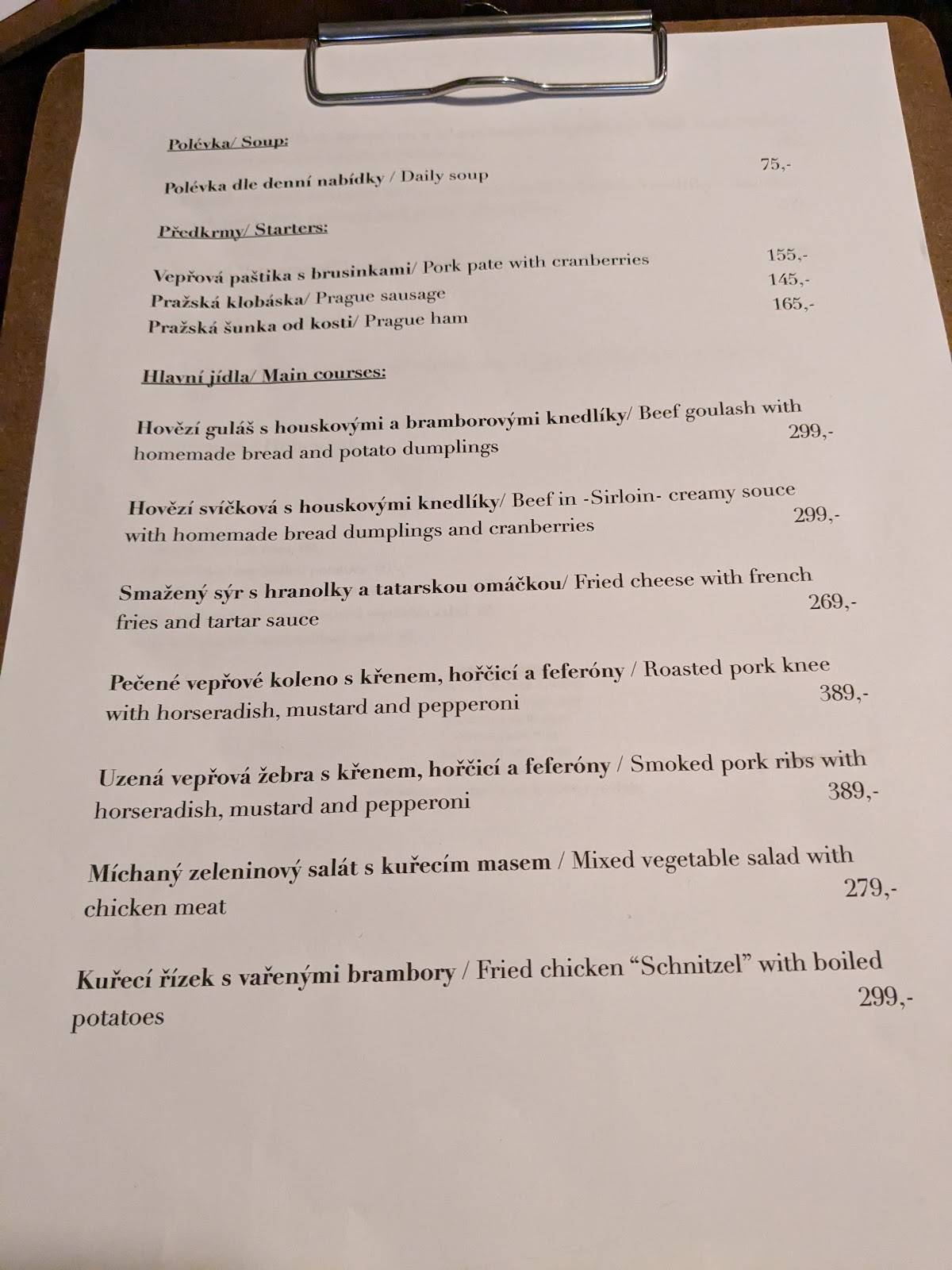 Menu at U Červeného páva restaurant, Prague