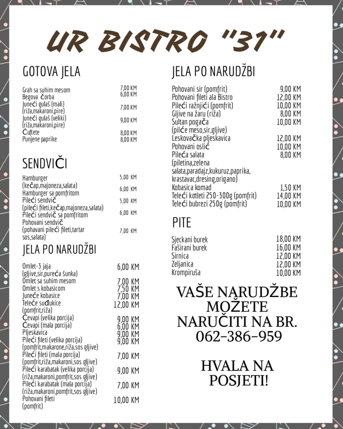 Menu at UR Bistro "31" restaurant, Sarajevo