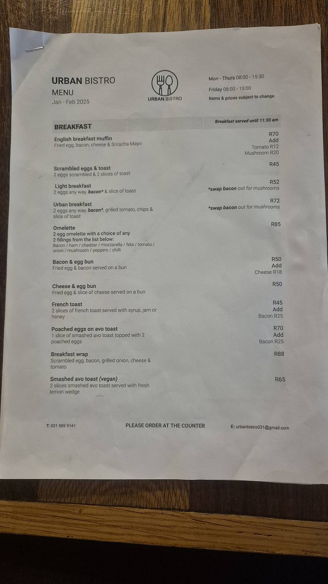Menu at URBAN bistro, Durban