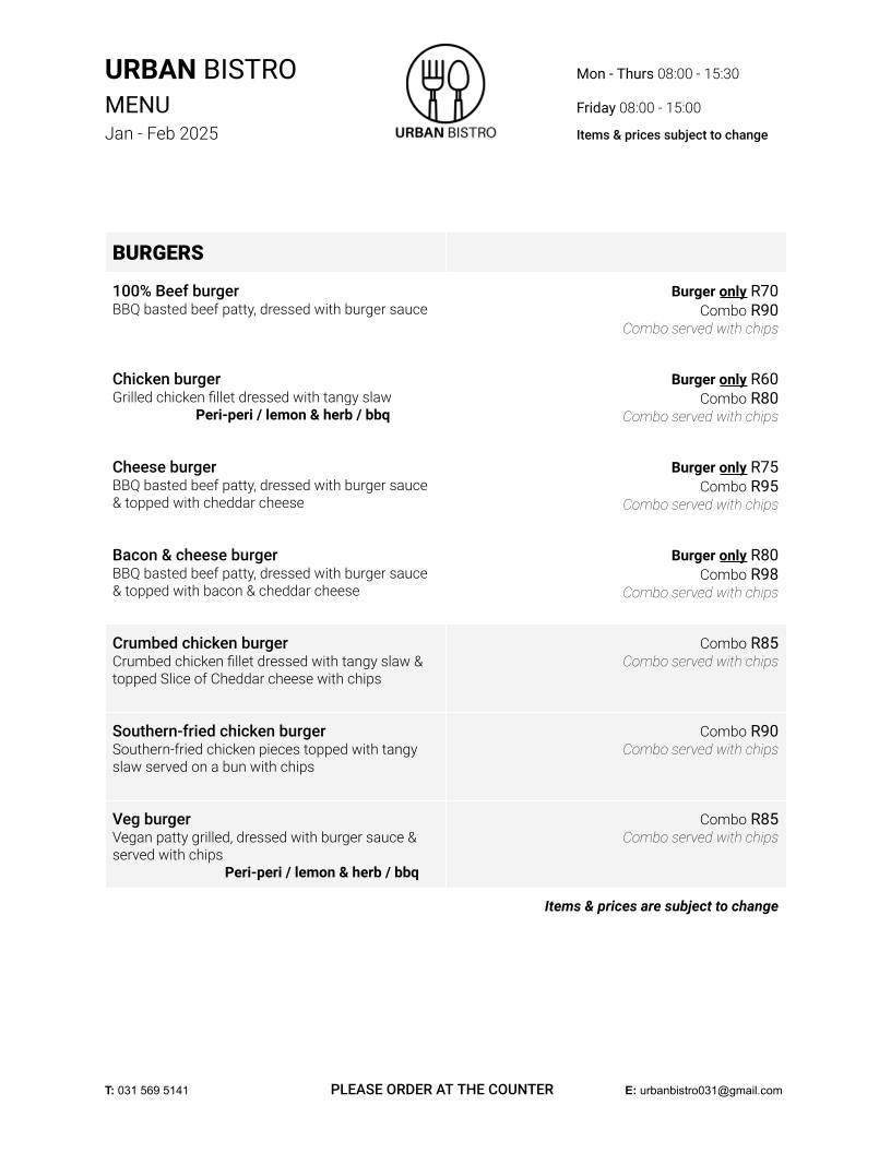 Menu at URBAN bistro, Durban