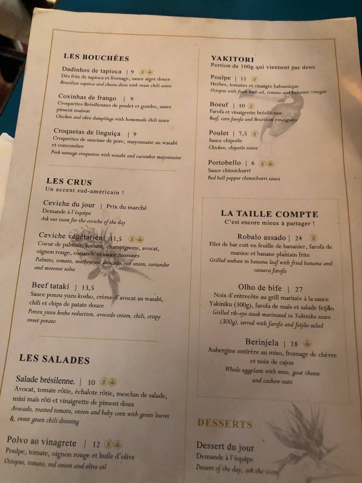 Menu at Uma Nota restaurant, Paris, 86 Rue Réaumur