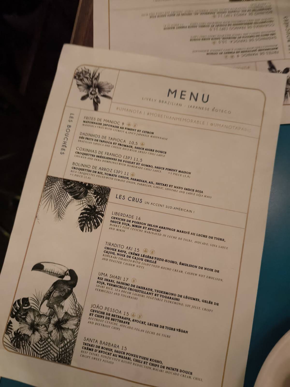 Menu at Uma Nota restaurant, Paris, 86 Rue Réaumur