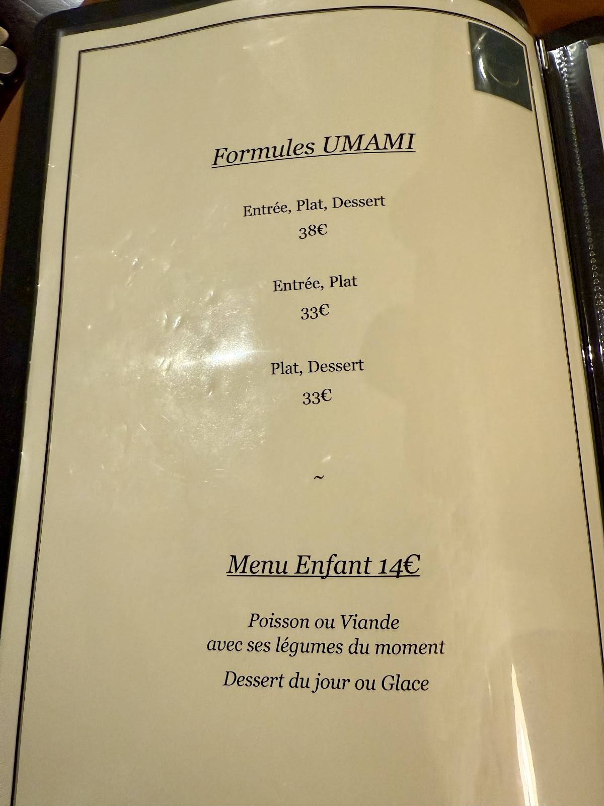 Menu au Umami restaurant, Millau