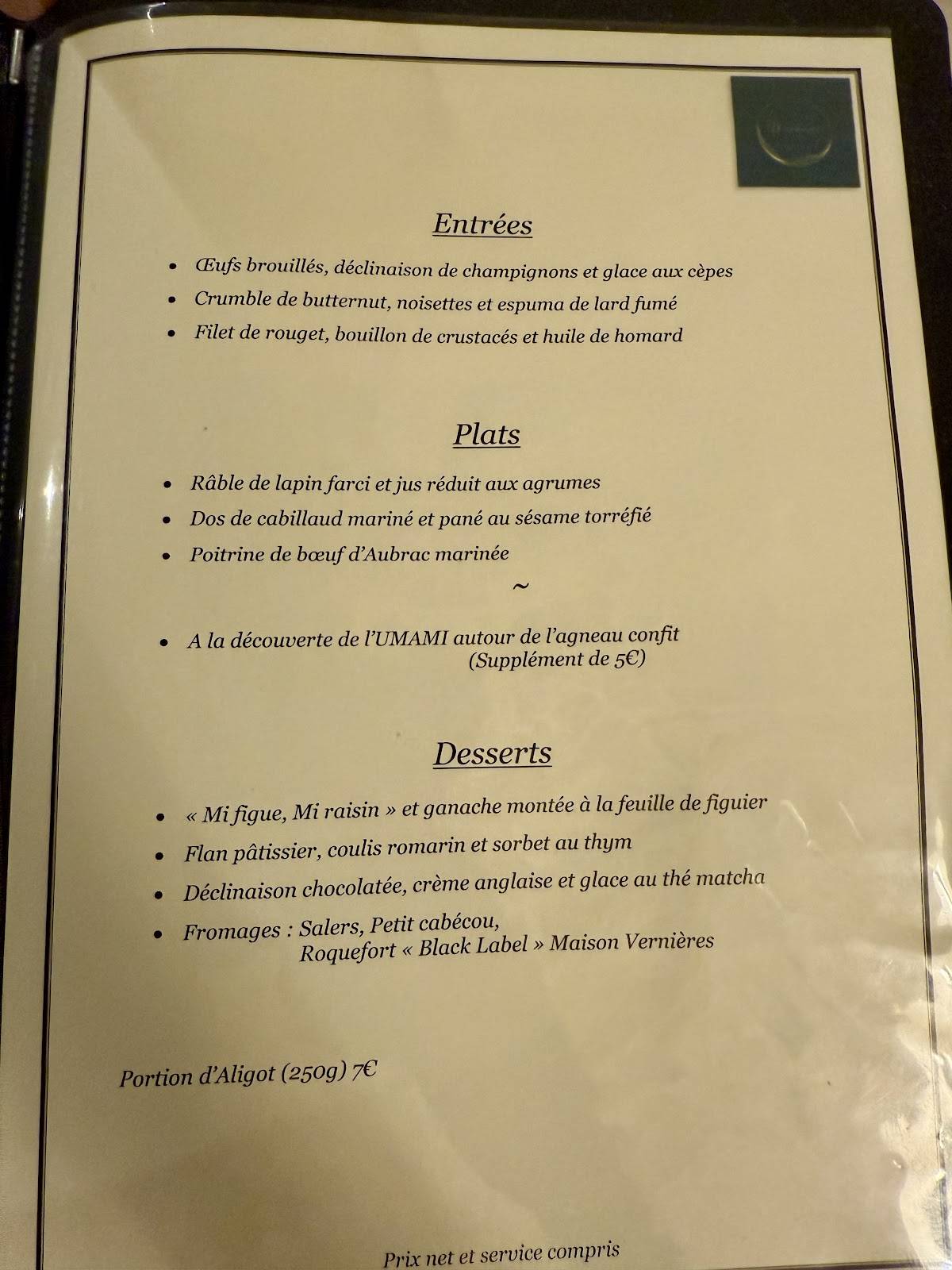 Menu au Umami restaurant, Millau