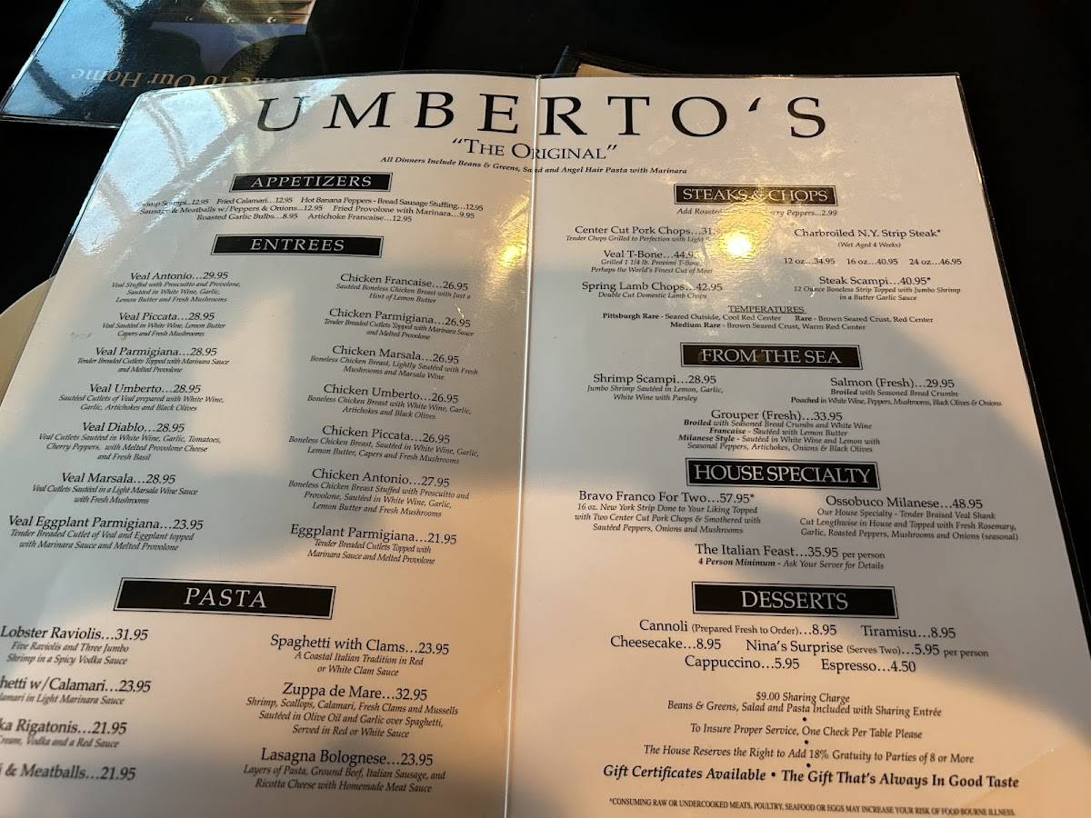 Menu at Umberto's at Barefoot Landing, North Myrtle Beach, US-17