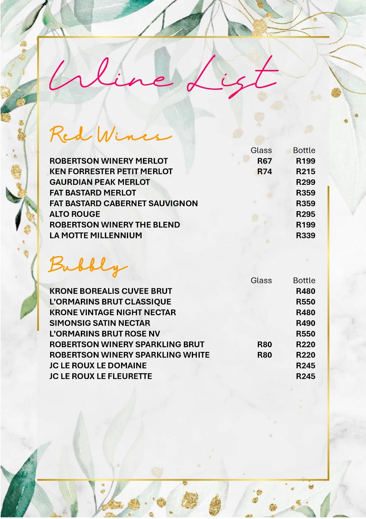 Menu at 1 on Palm restaurant, Umhlanga