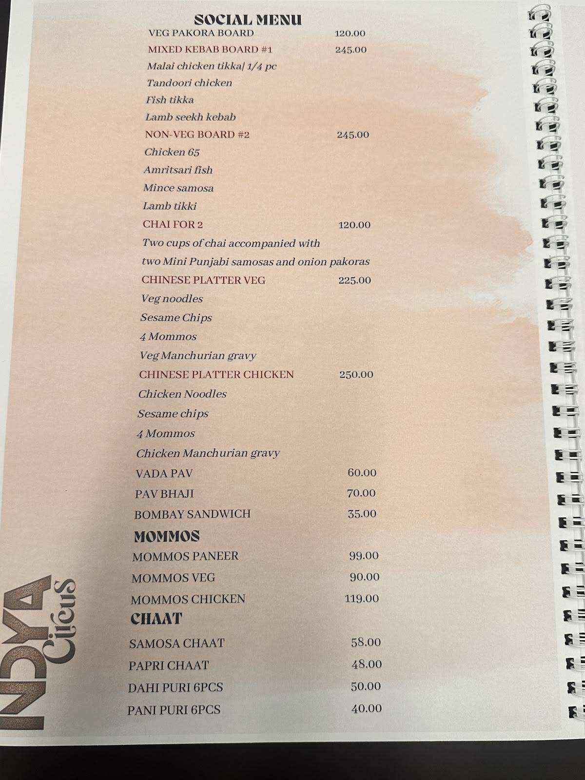 Menu at Indya Circus (Indian Restaurant), Umhlanga