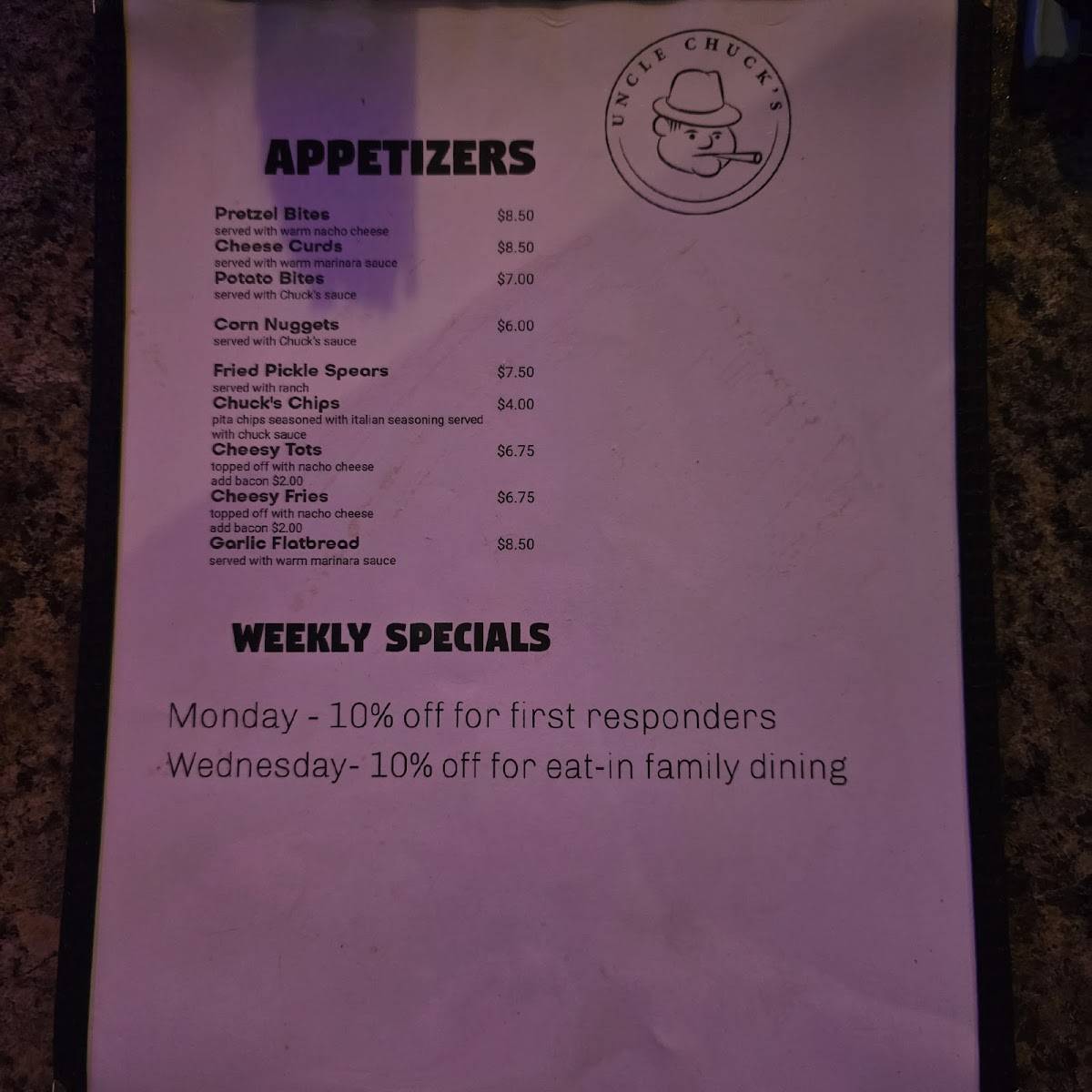 Menu at Uncle Chuck's Place pub & bar, Wakeman