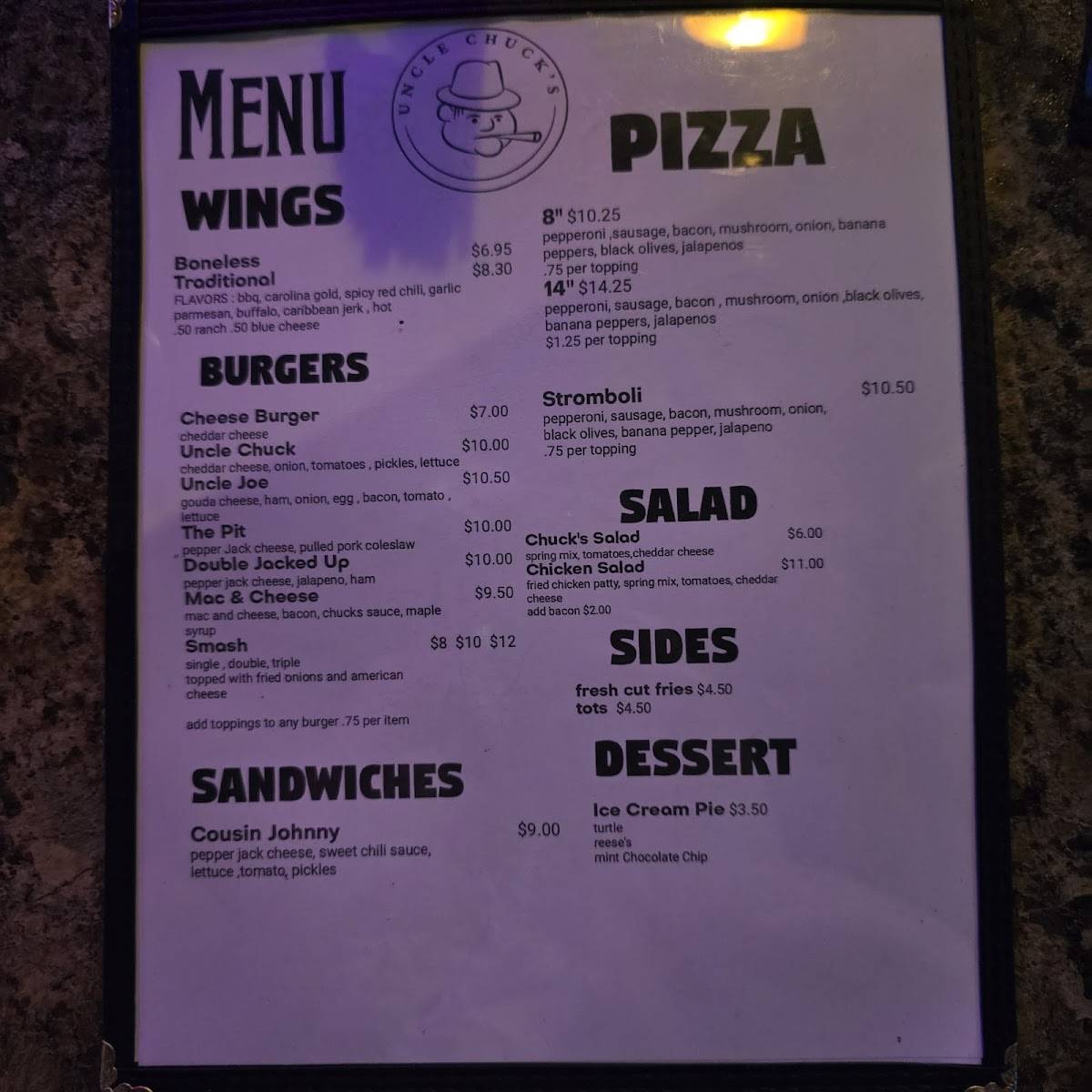 Menu at Uncle Chuck's Place pub & bar, Wakeman