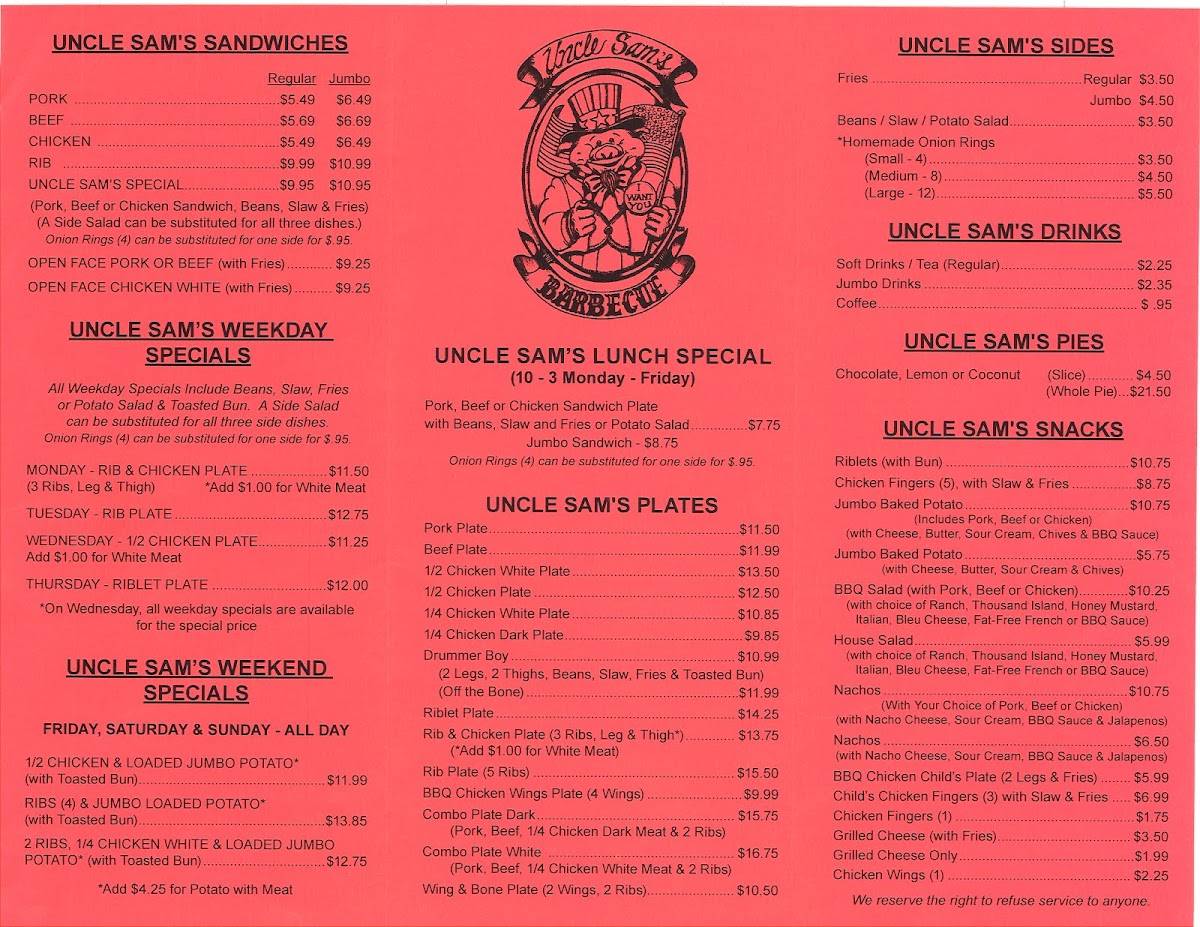 Menu at Uncle Sams Bbq, Hueytown