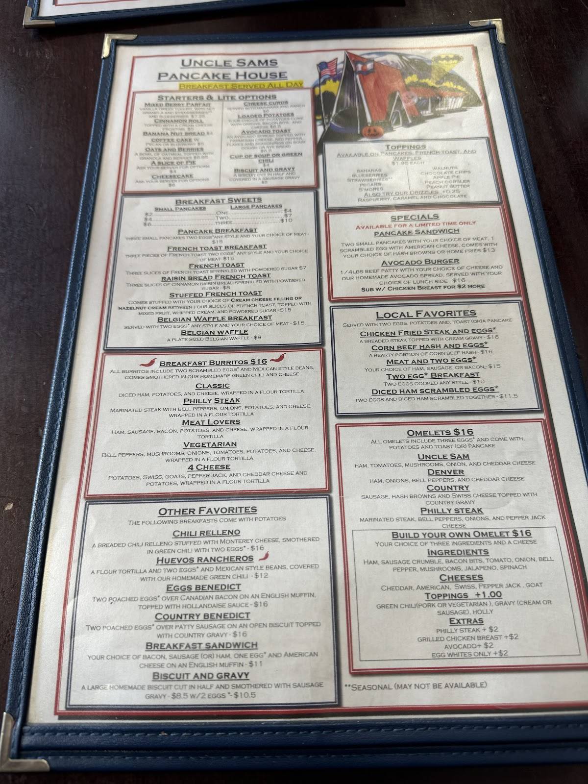 Menu at Uncle Sam's Pancake House restaurant, Manitou Springs