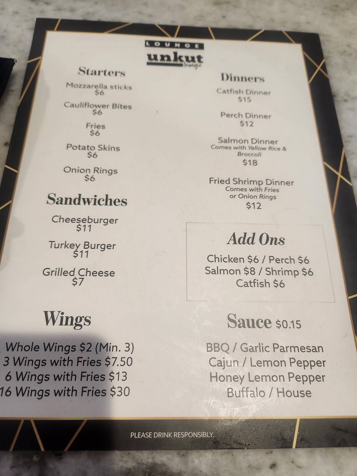 Menu at Unkut Lounge pub & bar, Garfield Heights
