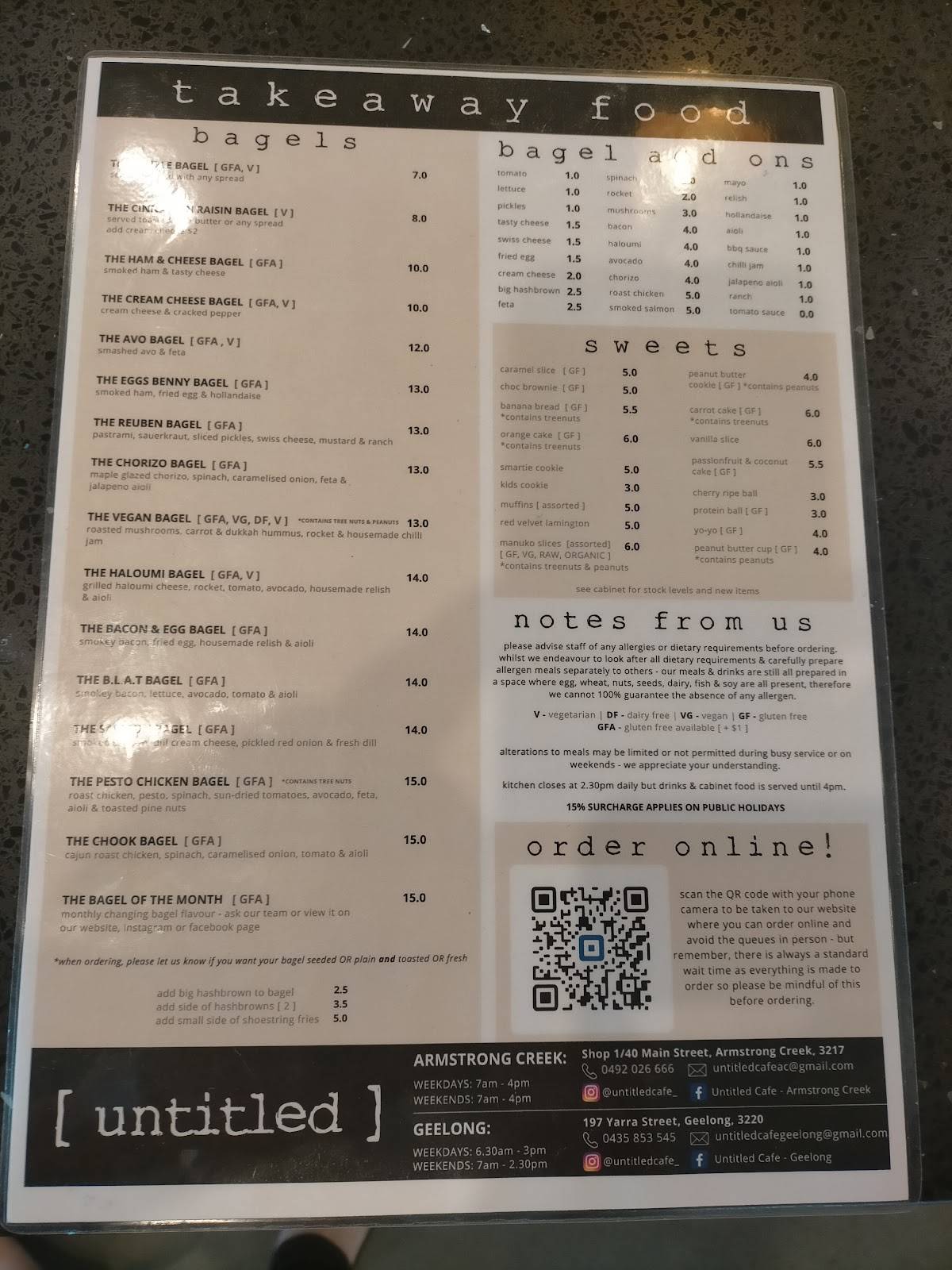 Menu at Untitled Cafe - Armstrong Creek, Armstrong Creek