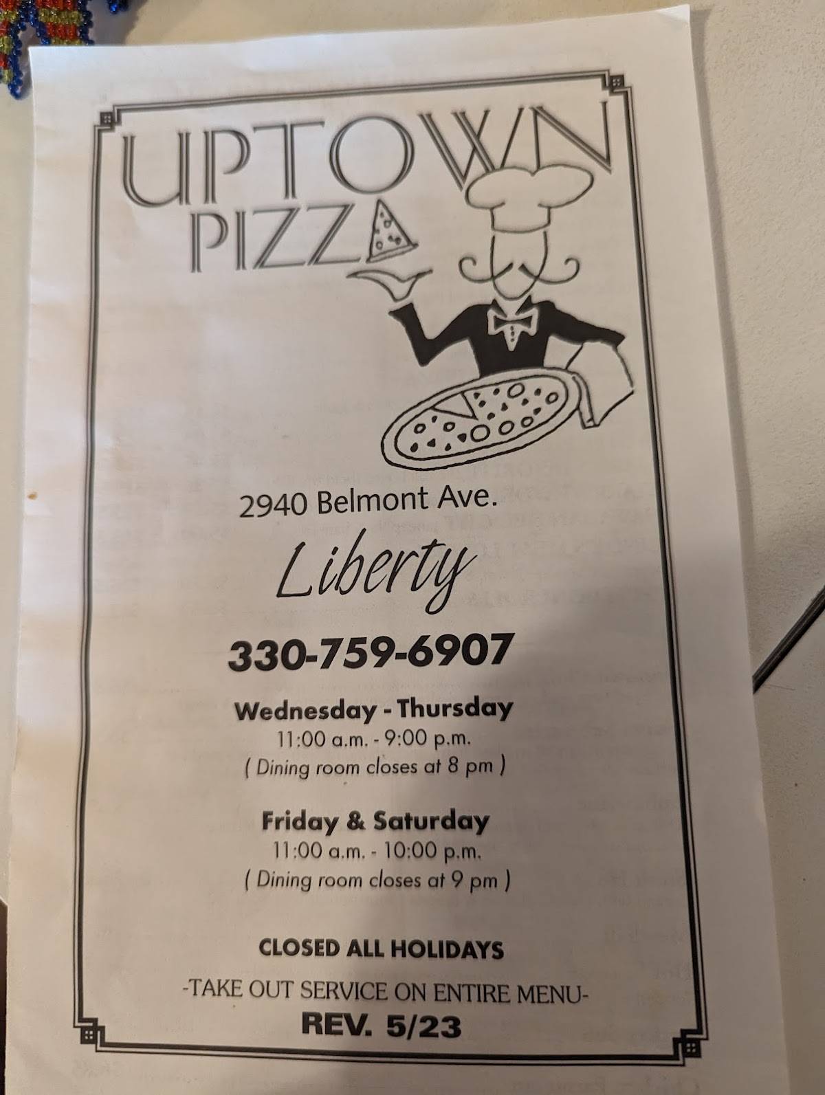 Menu at Uptown Pizza (Liberty) pizzeria, Youngstown, Belmont Ave